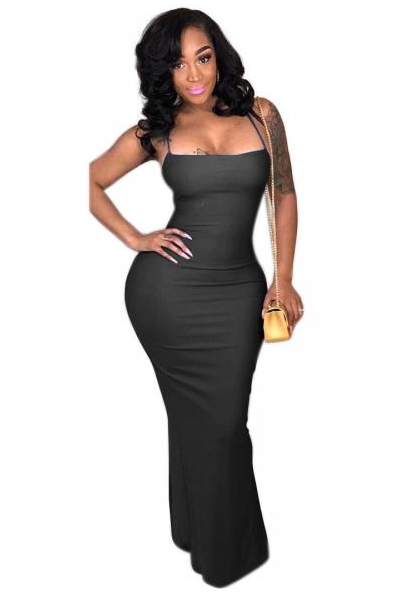 Black Sexy & Club Asymmetrical Sleeveless A-Line Long Club Dresses
