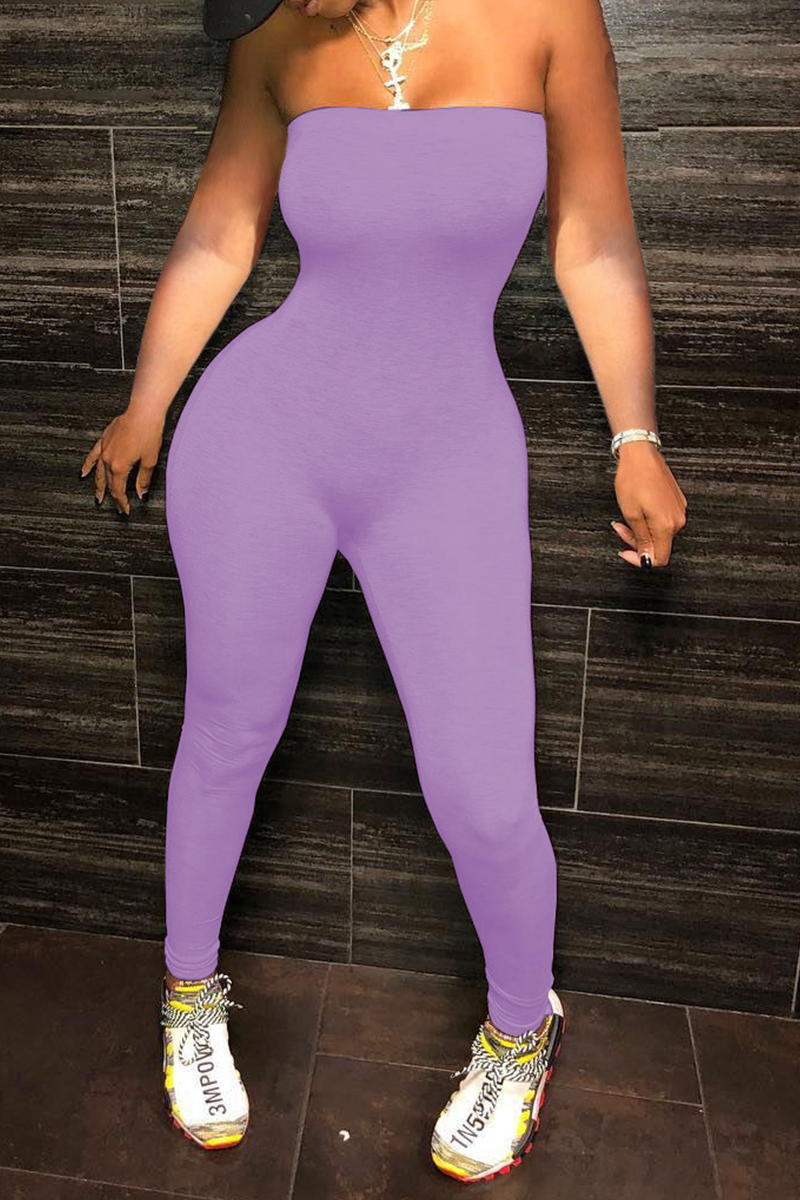 Wholesale Purple Sexy Print Patchwork Off The Shoulder Skinny Jumpsuits