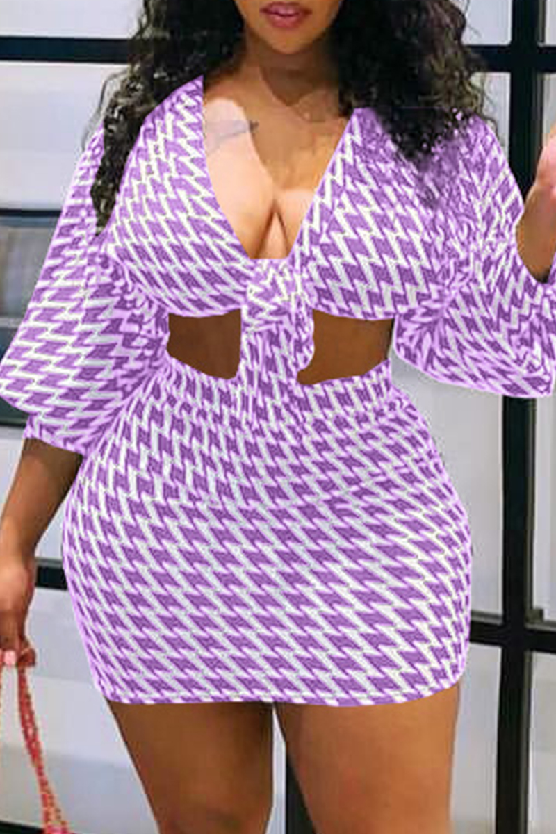 Wholesale Purple Sexy Casual Print Bandage V Neck Plus Size Two Pieces