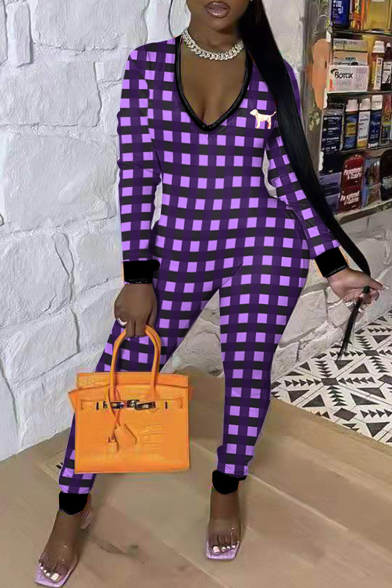Wholesale Purple Sexy Plaid Patchwork V Neck Skinny Jumpsuits Ws35517 4