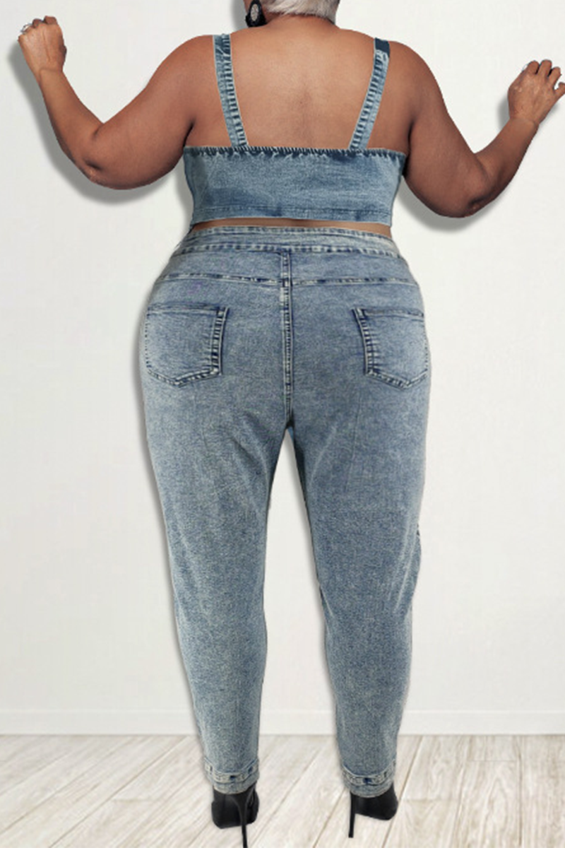 Wholesale Baby Blue Sexy Solid Hollowed Out Plus Size WS35790-1
