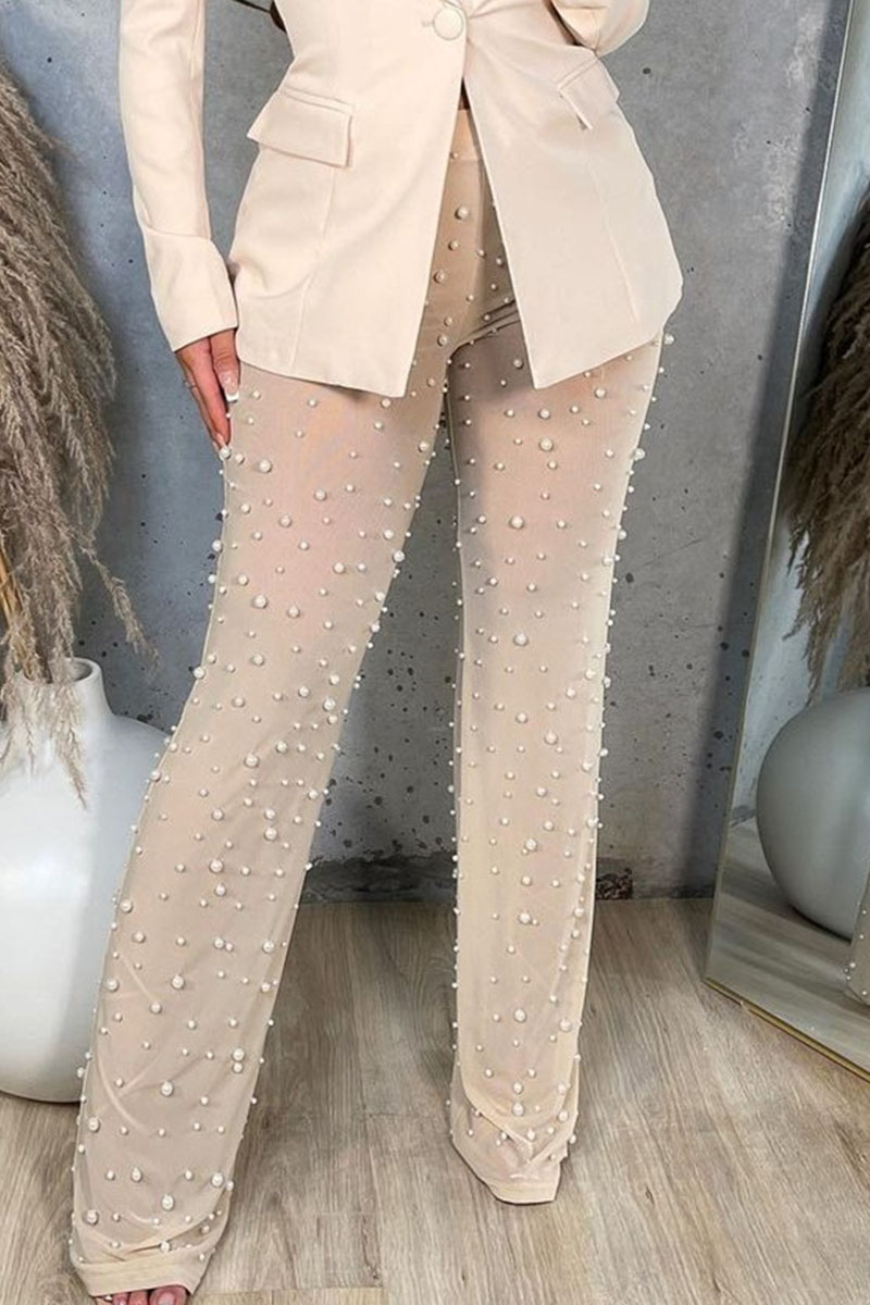 Wholesale Apricot Sexy Solid Patchwork See-through Beading High Waist ...