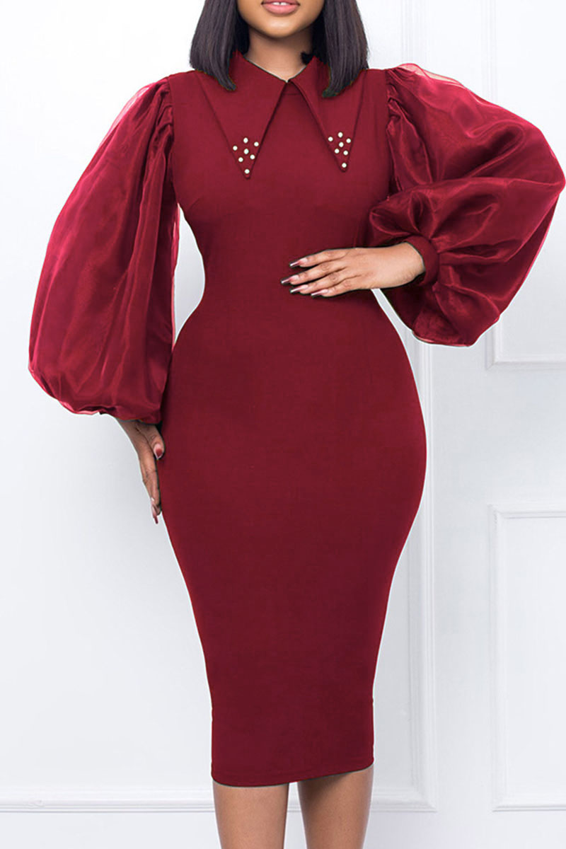 Wholesale Red Casual Solid Patchwork Beading Turndown Collar One Step ...