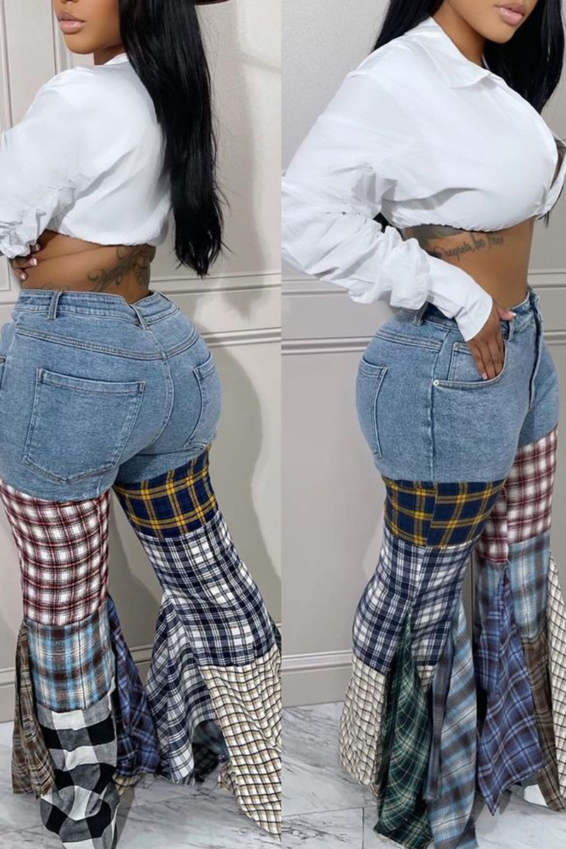 Wholesale Light Blue Street Plaid Print Patchwork High Waist Flare Leg ...