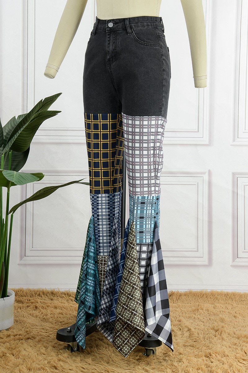 Wholesale Light Blue Street Plaid Print Patchwork High Waist Flare Leg ...