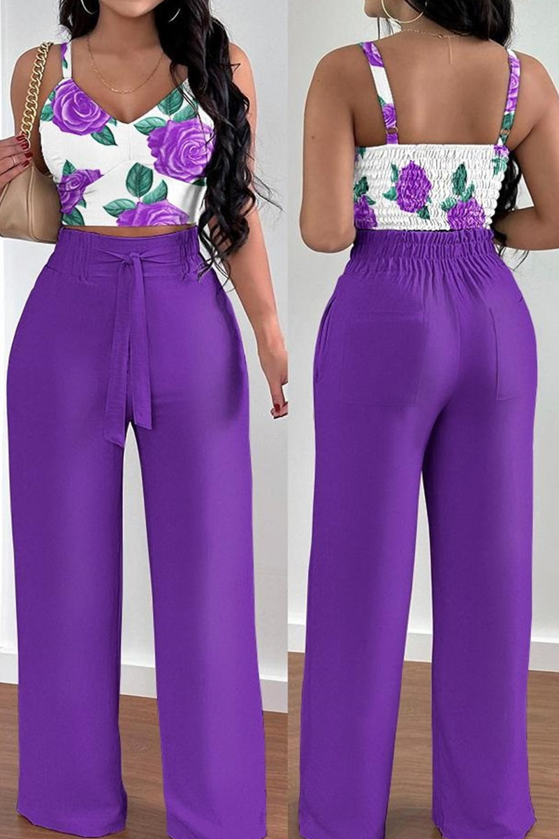 Wholesale Purple Sexy Print Patchwork Spaghetti Strap Sleeveless Two