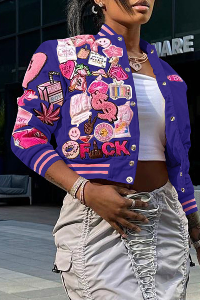 Wholesale Purple Street YK2 Print Long Sleeve Buckle Baseball Bomber ...