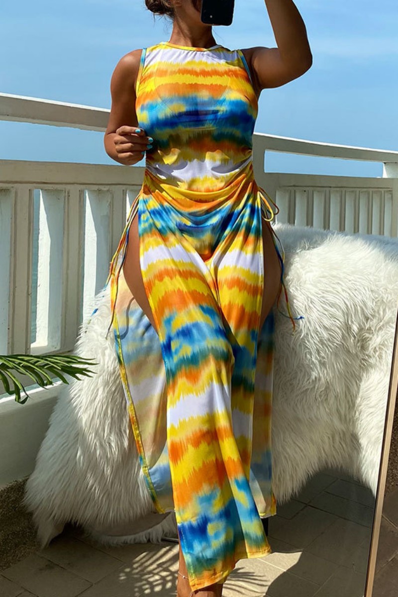 Wholesale Yellow Sexy Print Tie Dye Frenulum Slit Swimsuit Three Piece ...