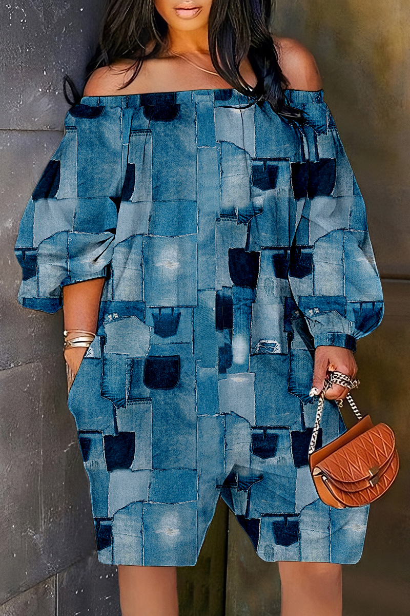 Wholesale Blue Casual Print Backless Off the Shoulder Regular Romper ...