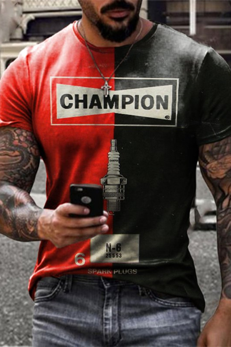 Wholesale Red Black Men's retro spark plug print T-shirt WS95422-1