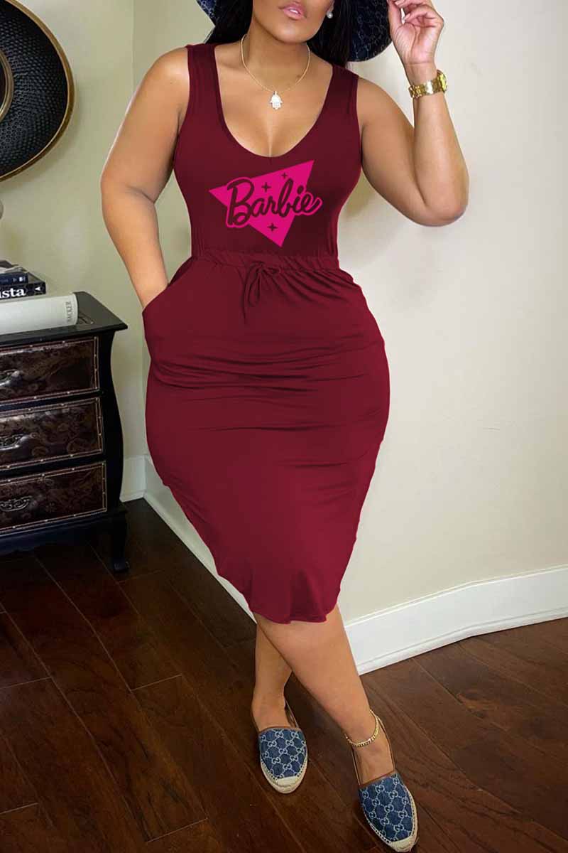 Wholesale Burgundy Sexy Print Letter U Neck One Step Skirt Dresses ...