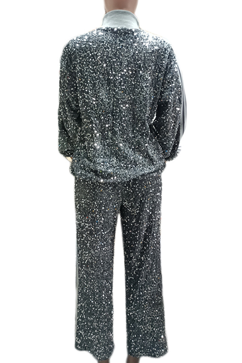 Wholesale Silver White Casual Solid Sequins Patchwork Zipper Turndown ...
