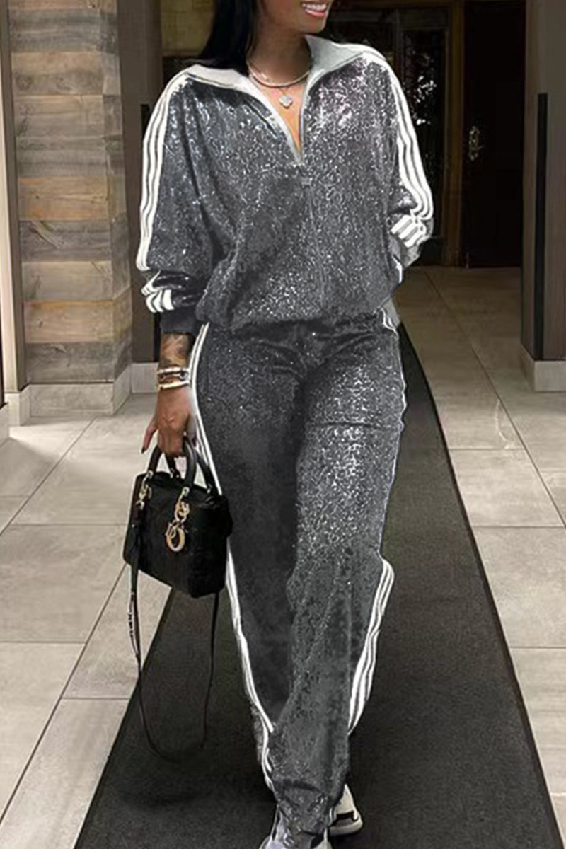 Wholesale Silver White Casual Solid Sequins Patchwork Zipper Turndown ...