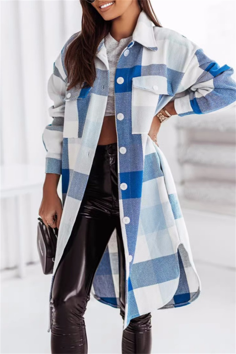 Wholesale Blue Casual Plaid Cardigan Turndown Collar Outerwear WS109355-2