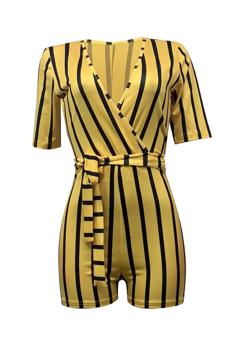 Wholesale Yellow Casual Striped Bandage Patchwork V Neck Skinny Rompers ...