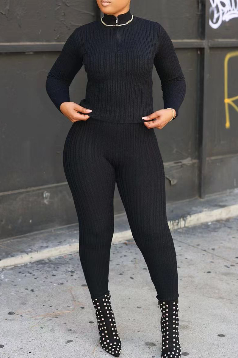 Wholesale Black Ribbed Knit Two Piece Jogging Set Casual Outings High ...