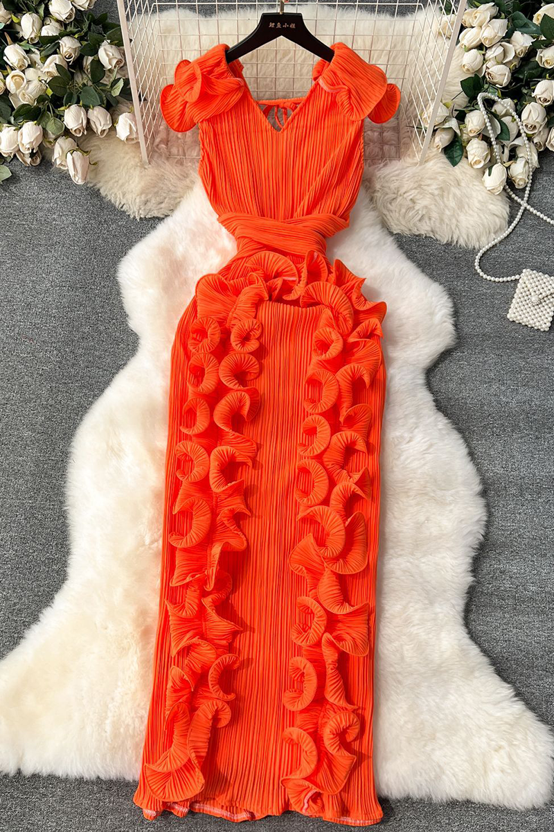 Wholesale Tangerine Red Elegant Solid Color Stringy Selvedge V Neck ...