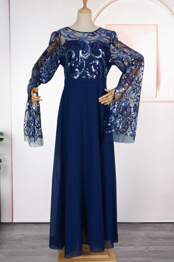 Wholesale Deep Blue Elegant Solid Color Sequins O Neck Evening Plus ...