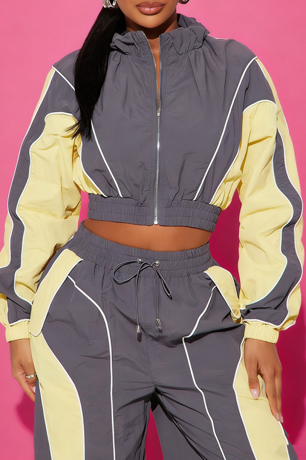 Wholesale Grey Color-Block Stripe Cropped Jacket & Wide-Leg Pants Set ...
