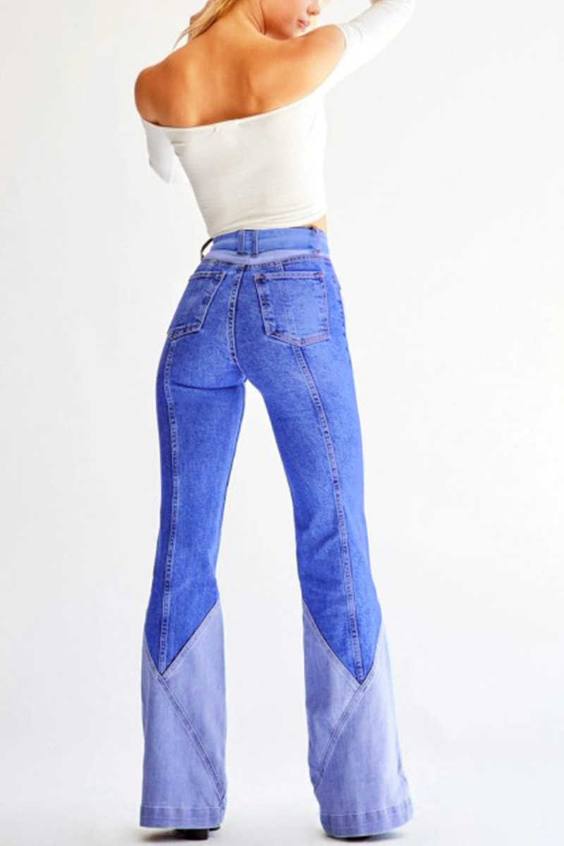 Wholesale Dark Blue Drawstring High Patchwork Boot Cut Pants Bottoms ...