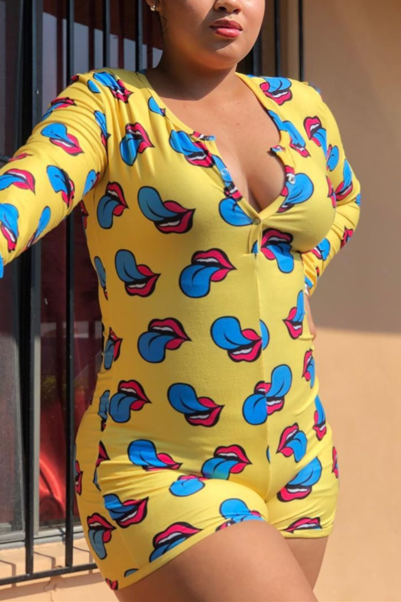 Sexy Fashion Printed Blue Long Sleeve Plus Size Romper
