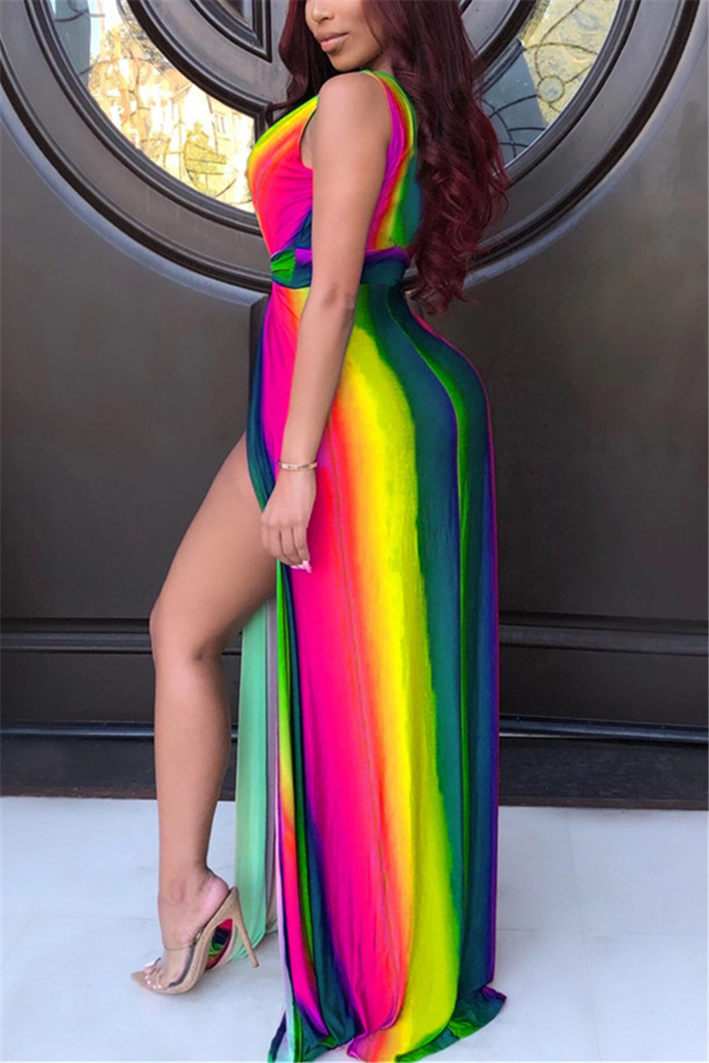 Sexy Rainbow Printing Striped Color V-neck Dress