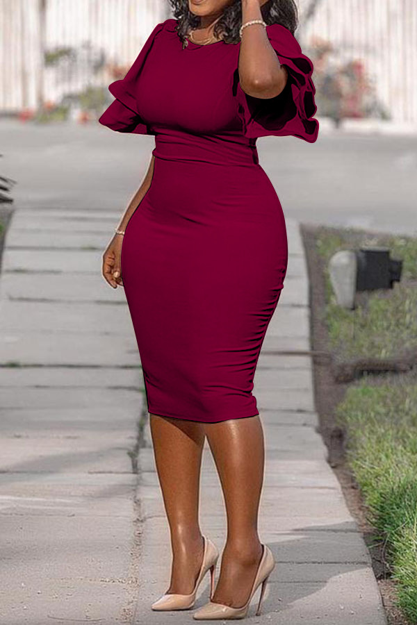 Fashion Slim Large Size Step Skirt Wine Red Dress