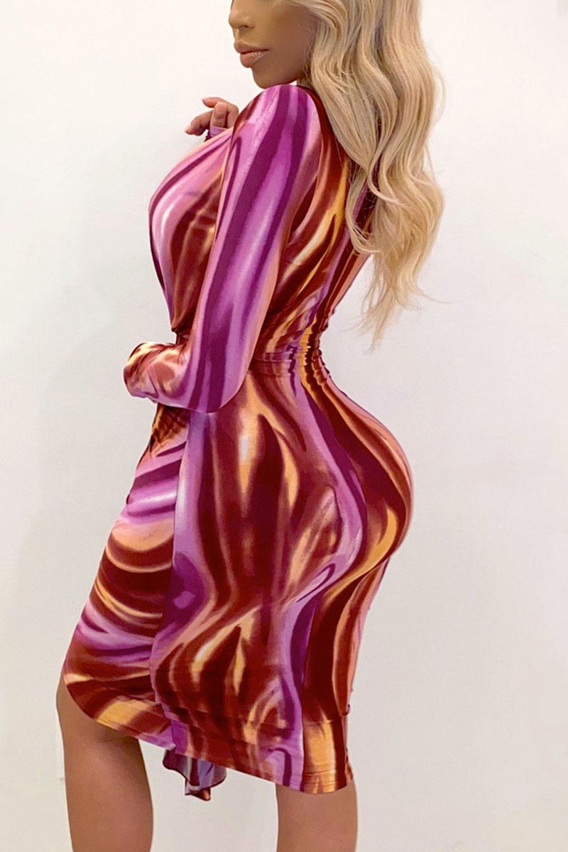 Wine Red Sexy Print Split Joint V Neck Wrapped Skirt Dresses Dresses