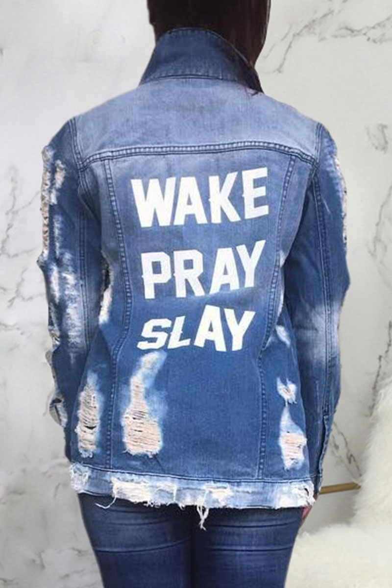 Wholesale Blue Turndown Collar Ripped Denim Jacket K10024-1 Online