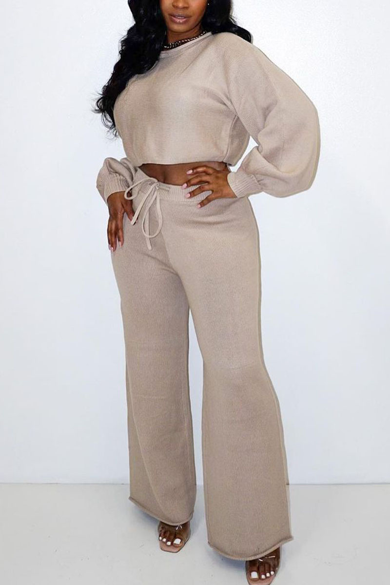 Khaki Casual Solid O Neck Long Sleeve Two Pieces Two Piece Pants Set