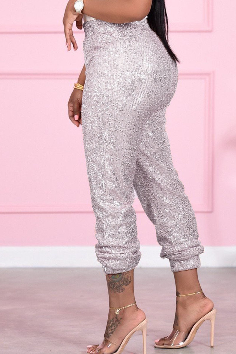 Wholesale Silver Sexy Solid Sequins Mid Waist Pencil Bottoms K14065-4 ...