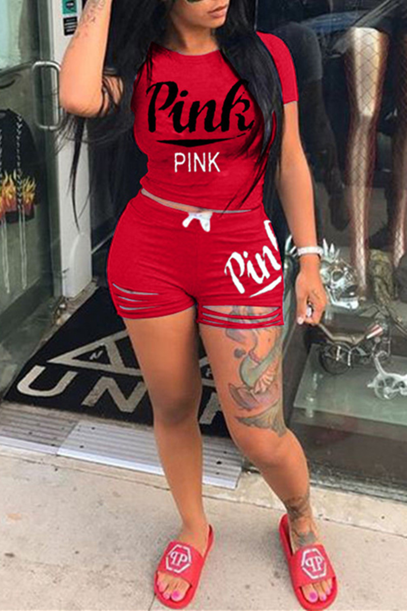 Wholesale Red Fashion Casual Letter Print Ripped O Neck Short Sleeve