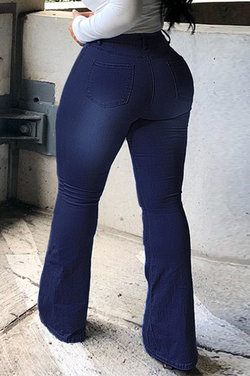 Wholesale Blue Street Solid Buttons High Waist Regular Denim K14991 1