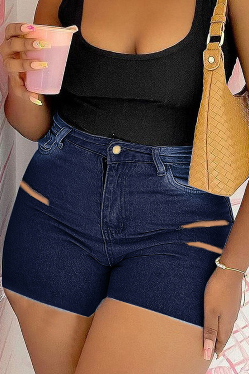 Deep Blue Street Solid Buttons High Waist Regular Denim Bottoms