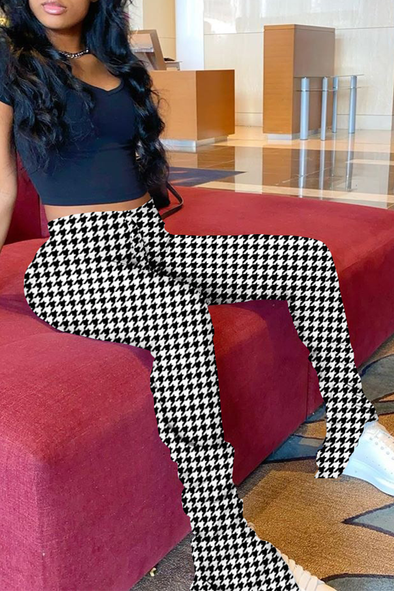 Black And White Sexy Print Split Joint Skinny Mid Waist Pencil Full