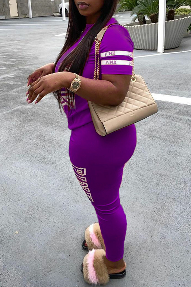 Fashion Casual Letter Printed Purple Two-piece Set
