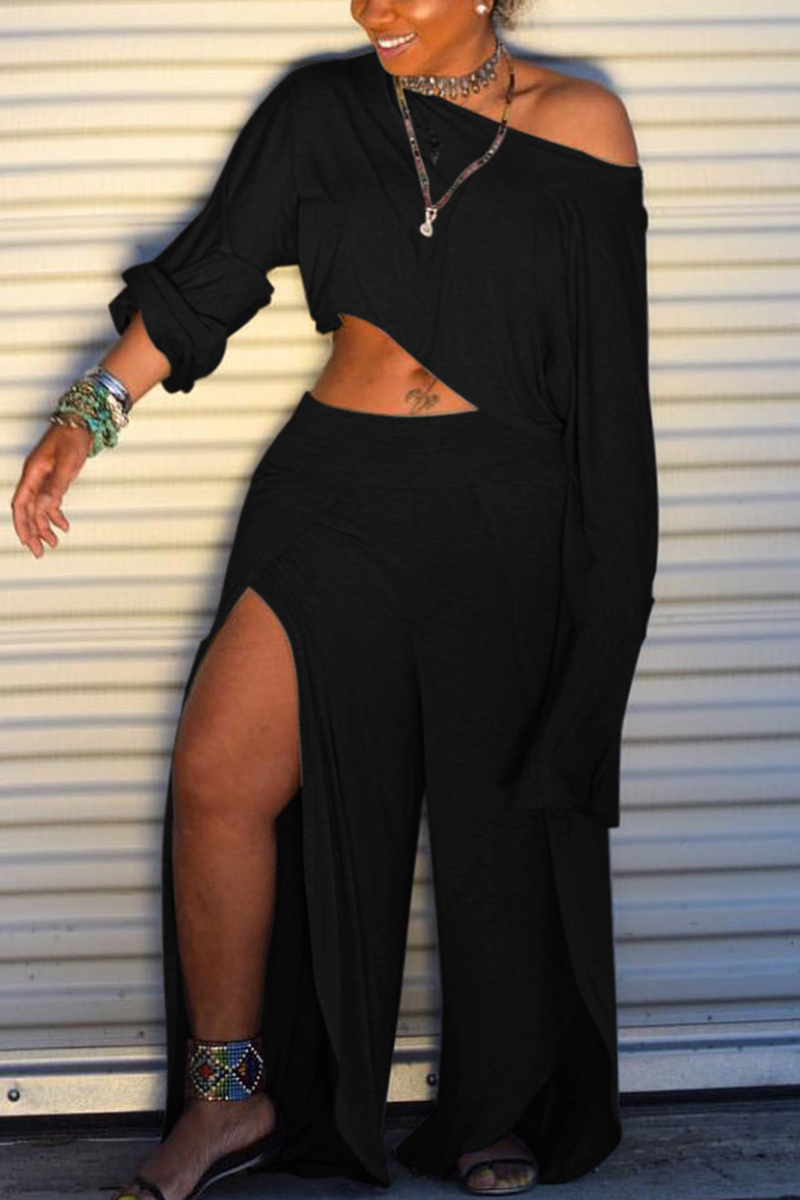 Sexy One Shoulder Solid Causal Black Two-pieces Set