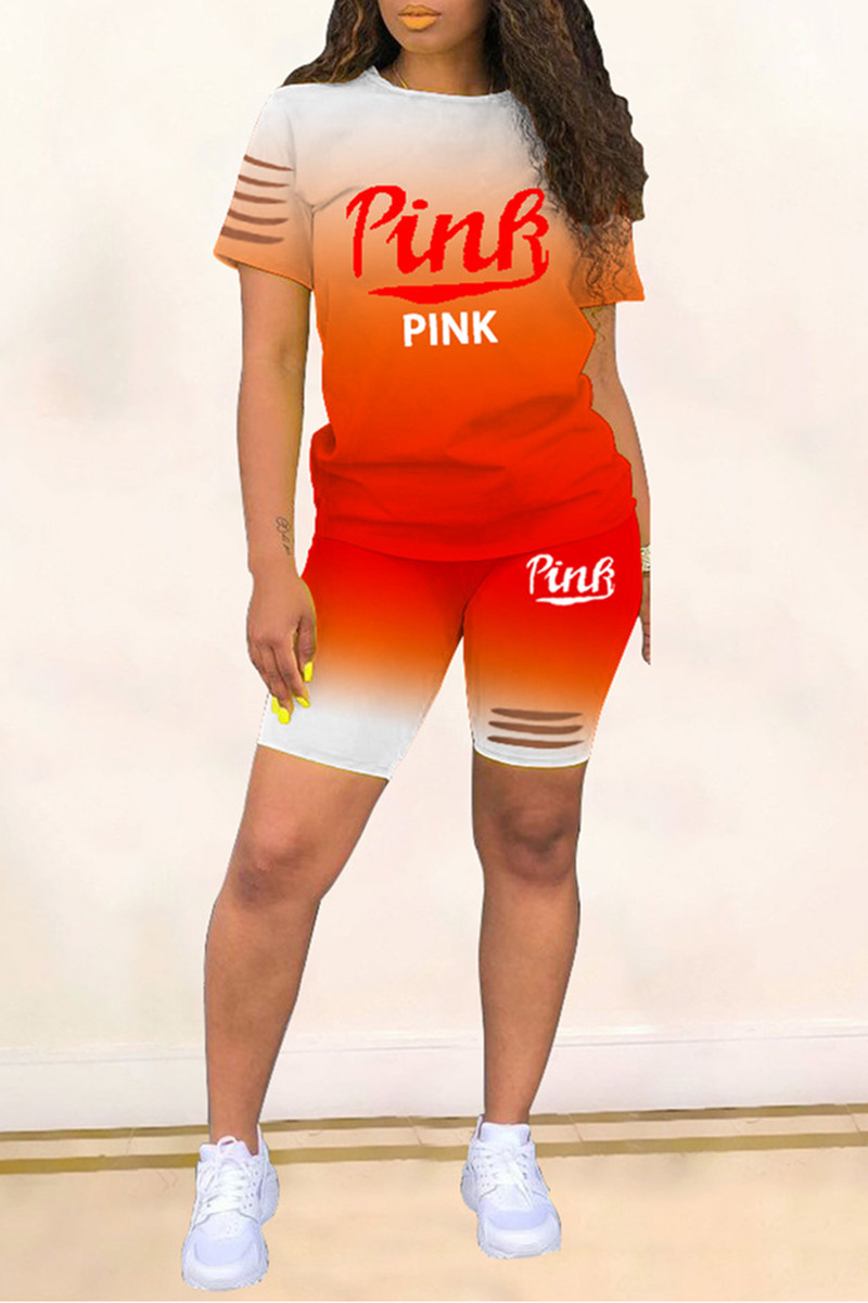 Orange Fashion Casual Letter Print Ripped O Neck Short Sleeve Two
