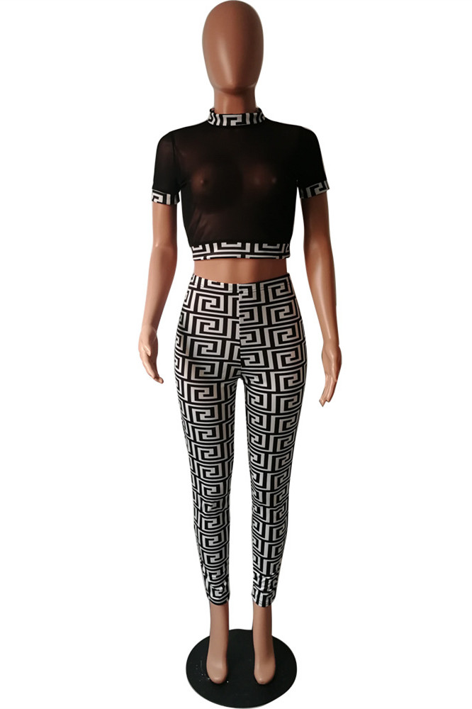 Sexy Mesh See-through Patchwork Two Pieces White Long Pants Set