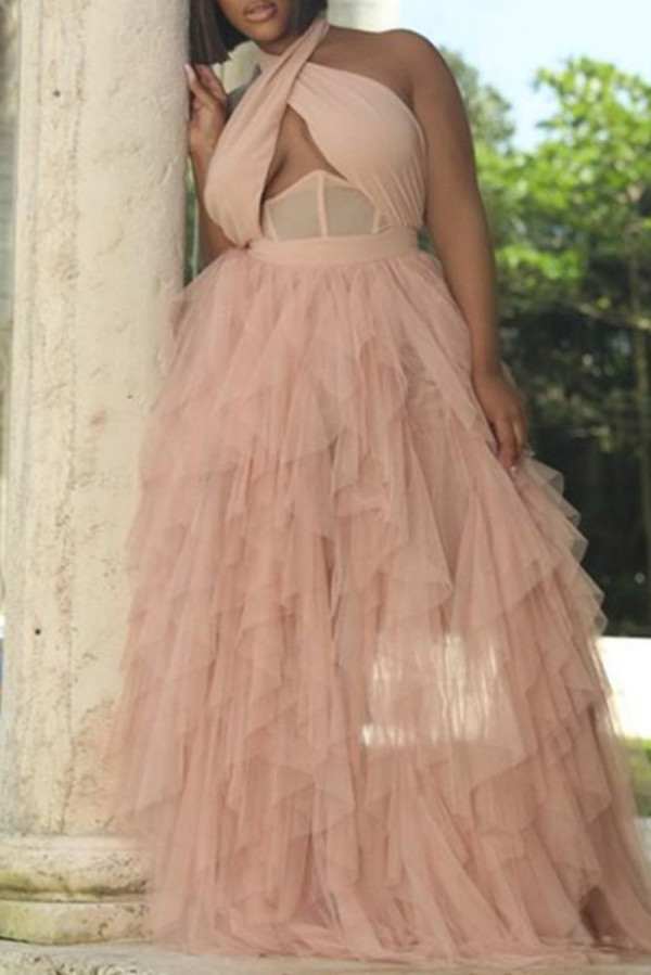 Wholesale Pink Sexy Solid Hollowed Out Backless Halter Evening Dress ...