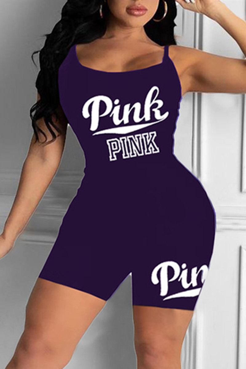 Fashion Purple Sexy Casual Letter Print Backless Spaghetti Strap