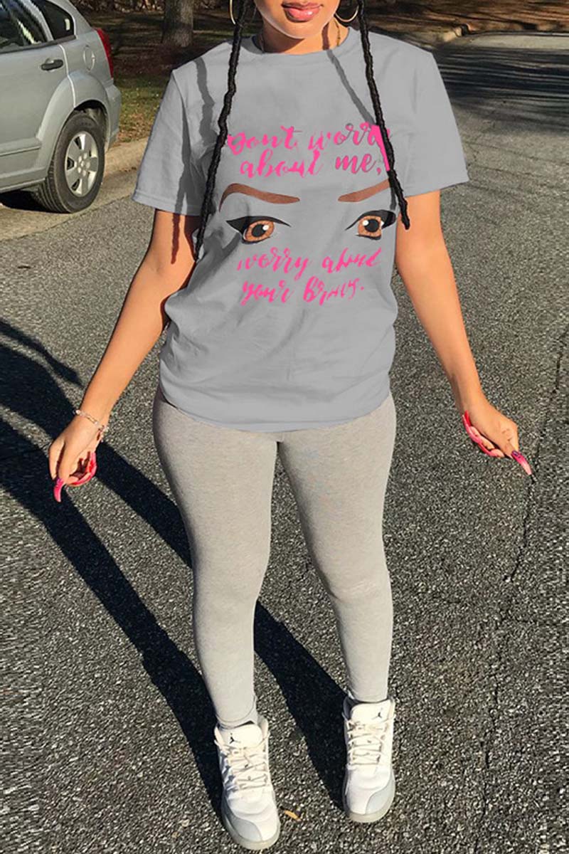 Wholesale Grey Fashion Casual Print Basic O Neck T-Shirts K19510-3 Online