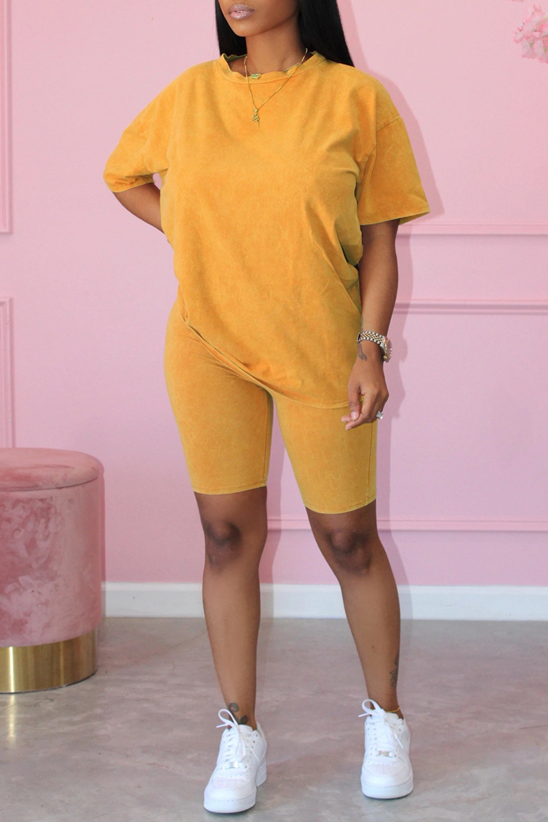 Wholesale Orange Fashion Casual Solid Basic O Neck Short Sleeve Two