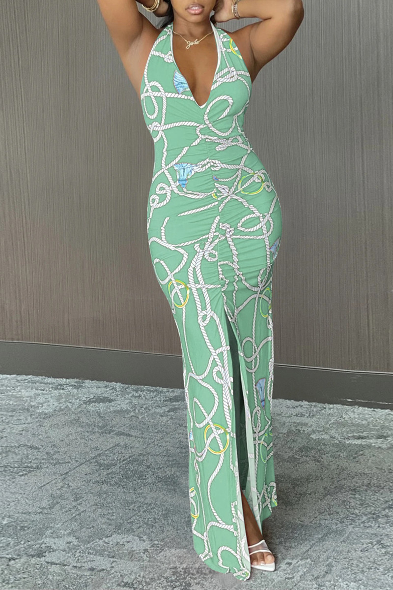 Wholesale Black Fashion Sexy Print Backless Slit Halter Sleeveless ...