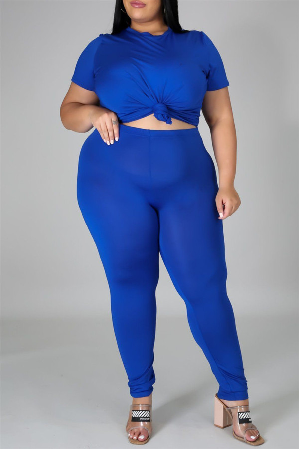 Wholesale Black Fashion Casual Solid Basic O Neck Plus Size Two Pieces