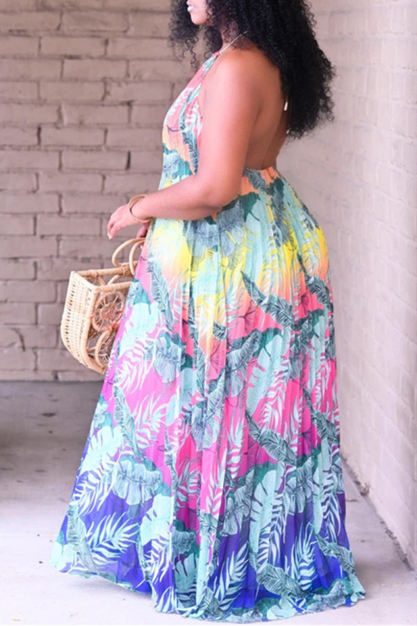 Wholesale Purple Fashion Sexy Plus Size Print Backless Fold O Neck