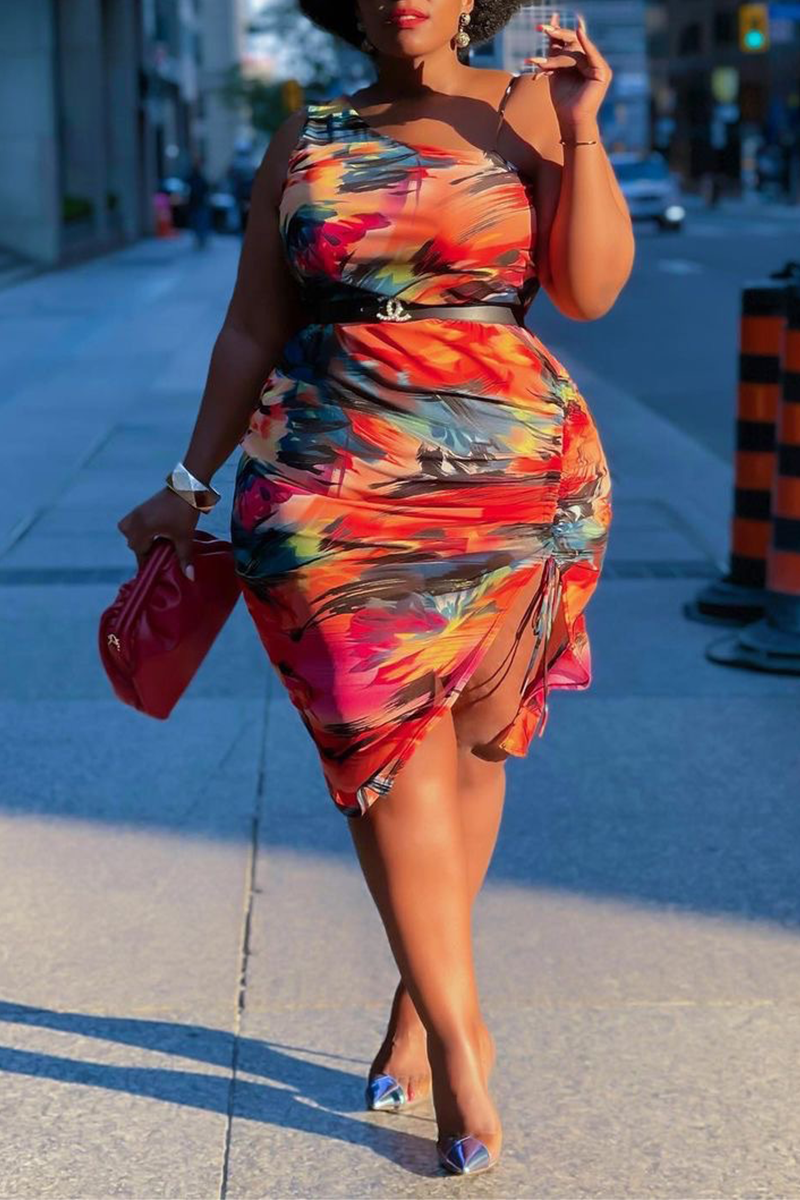 Red Sexy Print Split Joint One Shoulder Irregular Dress Plus Size
