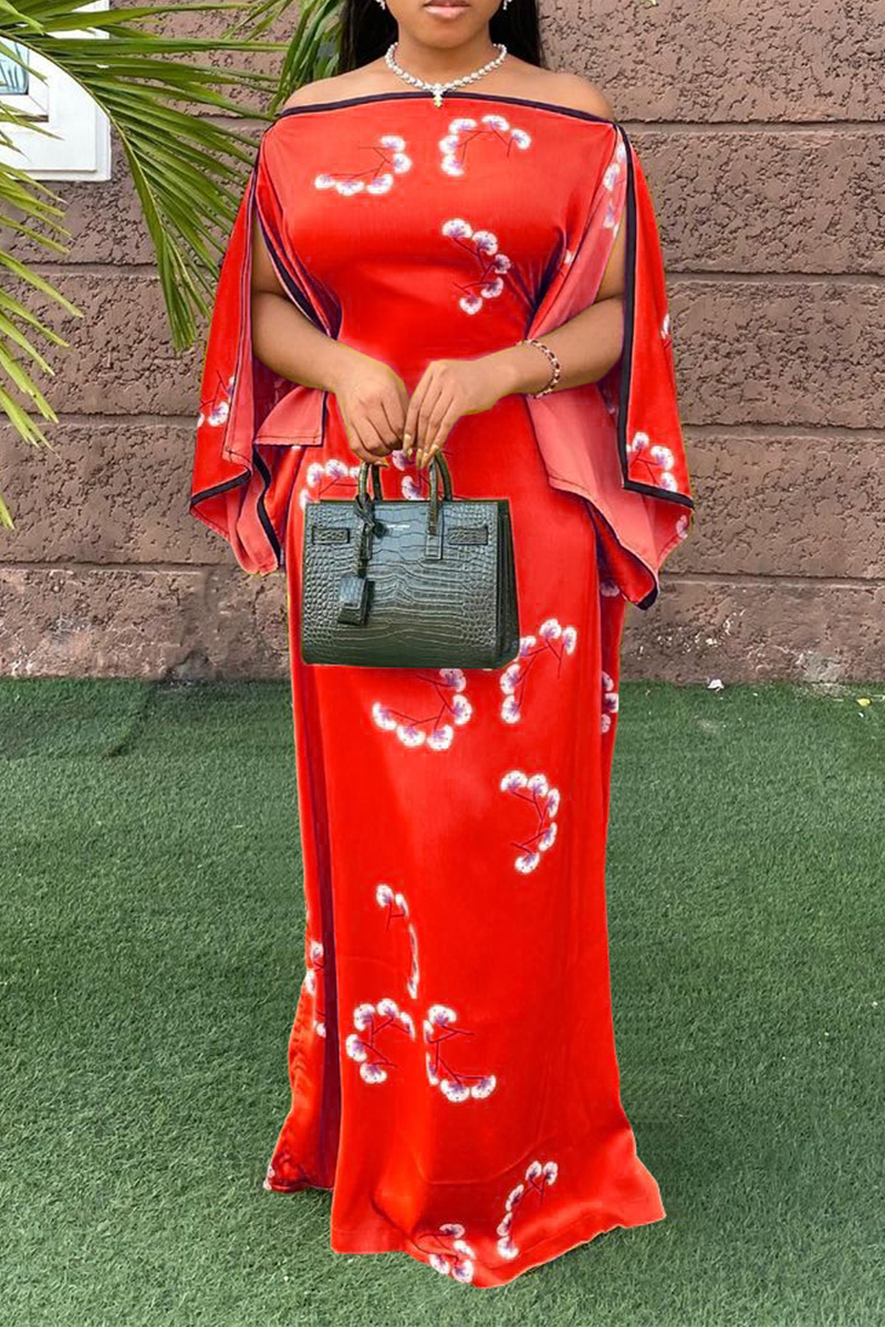 Wholesale Red Casual Print Patchwork Strapless Straight Dresses K29566 ...
