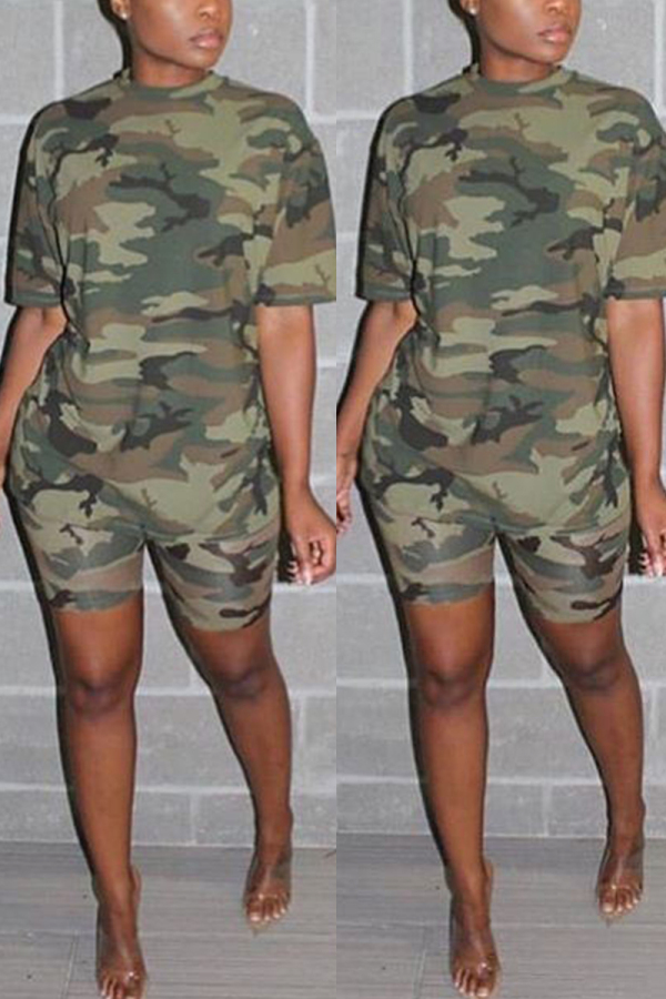 Fashion Camouflage Printed Army Green Casual Set
