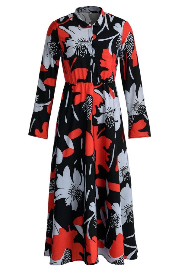 Fashion Printed Long Sleeve Red Dress